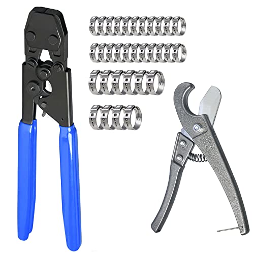 JWGJW Pex Cinch Clamp Fastening Tool with a cutting tool for 3/8 to 1-inch Stainless Steel Clamps with 1/2" 22PCS and 3/4" 10PCS PEX Clamps(003)