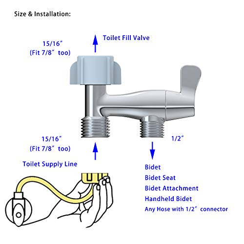 Hibbent No Leaking Design Metal Bidet T-adapter with Shut-off Valve,Tool-free Installation by Hand Tighten Nut, 3-way Toilet Tee Connector Water Diverter Valve for Bidet Attachment - Polished Chrome