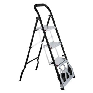 mophorn step ladder 2-in-1 convertible aluminum folding step ladder 175lbs hand truck cart dolly with two wheels (3-steps)