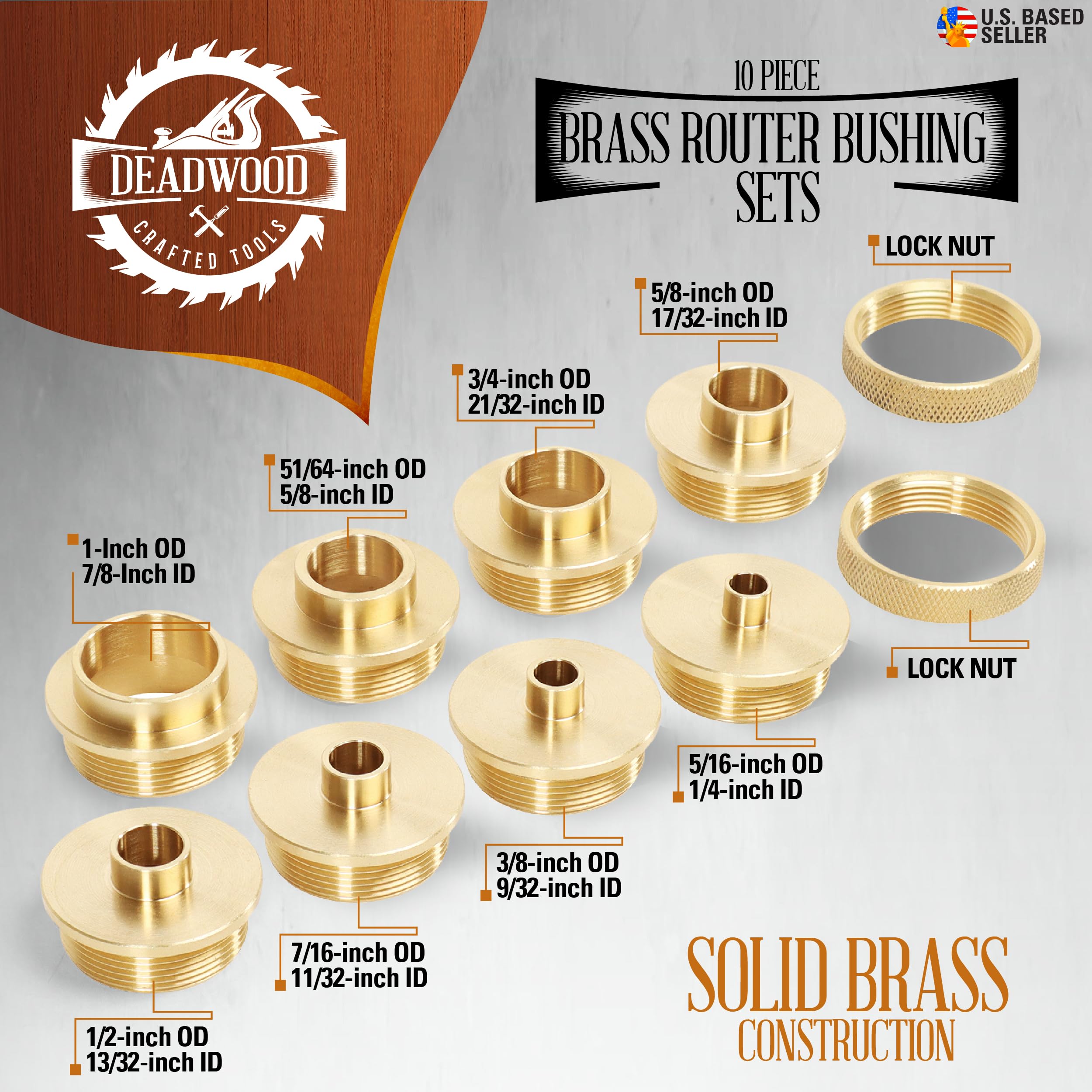 DCT Brass Router Template Guides Bushing 10-Piece Set & Black Carrying Case - Porter-Cable Guide Bushings 5/16 to 1in