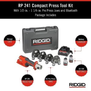 RIDGID 57363 Model RP 241 Compact Press Tool Kit with 1/2" to 1-1/4" ProPress Jaws, Battery, and Charger, Compact Pressing Tool with Bluetooth Connectivity