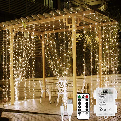 Lighting EVER Christmas Curtain Lights Battery Operated & USB Plug in, Remote, 10 x 10 ft Hanging Fairy Lights for Bedroom Wall, 300 LED Indoor Outdoor Backdrop Lights for Wedding Party, Patio Gazebo