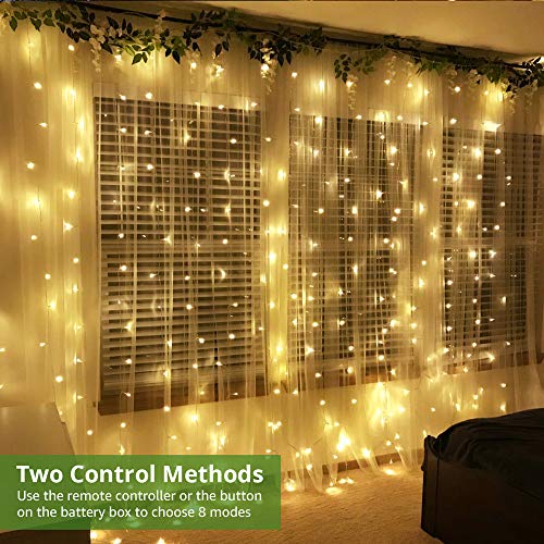 Lighting EVER Christmas Curtain Lights Battery Operated & USB Plug in, Remote, 10 x 10 ft Hanging Fairy Lights for Bedroom Wall, 300 LED Indoor Outdoor Backdrop Lights for Wedding Party, Patio Gazebo