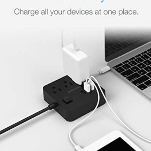 Power Strip with 3 USB 3 Outlet, Desktop Charging Station 5 ft Flat Plug Extension Cord, Small and Portable for Cruise Ship, Office, School, Black