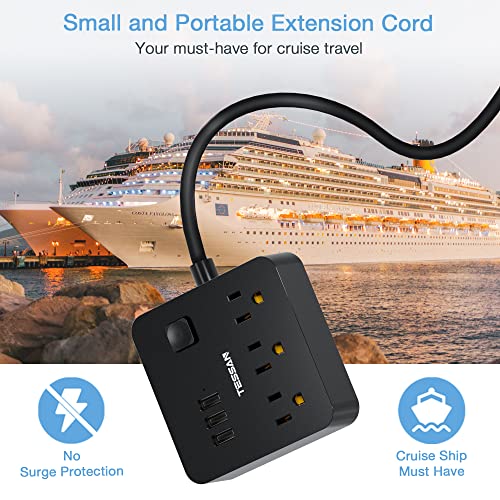 Power Strip with 3 USB 3 Outlet, Desktop Charging Station 5 ft Flat Plug Extension Cord, Small and Portable for Cruise Ship, Office, School, Black