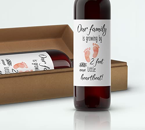 ● SET of 6 ● GENDER NEUTRAL Pregnancy Announcement Wine Labels - 2 Feet & 1 Little Heartbeat! Alternative to Pregnancy Announcement Cards, Pregnancy Reveal Wine Labels, Baby Feet, WATERPROOF, P100-6BF