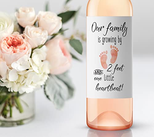 ● SET of 6 ● GENDER NEUTRAL Pregnancy Announcement Wine Labels - 2 Feet & 1 Little Heartbeat! Alternative to Pregnancy Announcement Cards, Pregnancy Reveal Wine Labels, Baby Feet, WATERPROOF, P100-6BF