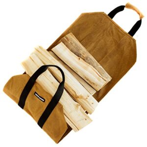 angry beaver waxed canvas firewood carrier log tote, fireplace wood accessory, heavy duty eco-friendly wood canvas sling