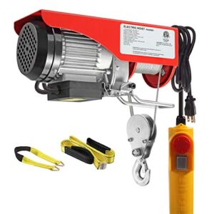 partsam 440lbs lift electric hoist crane remote control power system, 110v electric hoist zinc-plated steel wire overhead crane garage ceiling pulley winch w/straps (w/emergency stop switch)