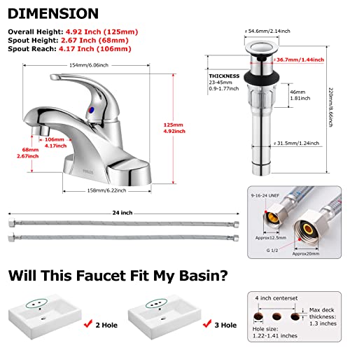 PARLOS Single Handle Mid Arc Centerset Bathroom Sink Faucet with Metal Drain Assembly and cUPC Faucet Supply Lines, Lead-Free, Chrome 13433