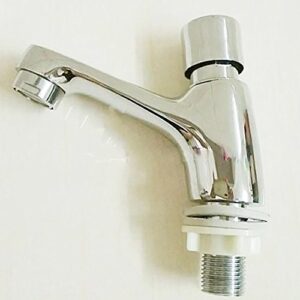 POMU Public Ktchen Bathroom Chrome Plated Self Closing Water Saving Time Delay Faucet Basin Sink Tap for Home or Outdoor Single Cold