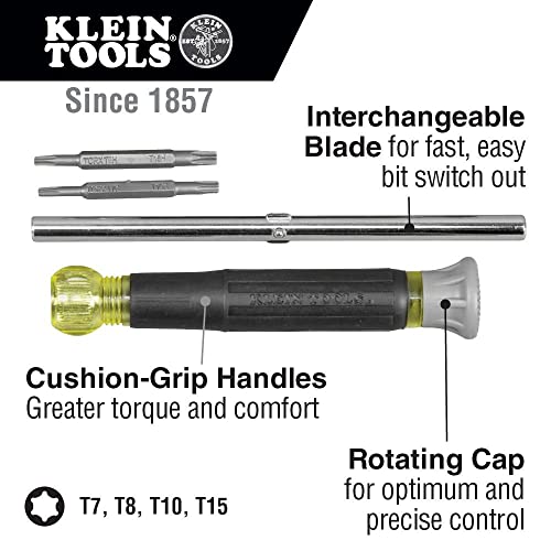 Klein Tools 32585 Multi-bit Precision Screwdriver Set, 4-in-1 Electronics Screwdriver with Industrial Strength Torx Bits, Spin Top