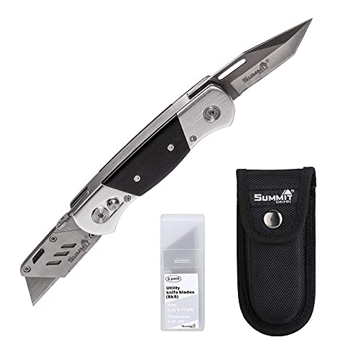 Heavy Duty Folding Utility Knife Dual Blades/Box Cutter with Nylon Pouch + 5 SK5 Blades (Professional Grade)