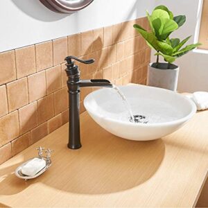 BWE Vessel Sink Faucet Waterfall Singe Hole Oil Rubbed Bronze Black Bathroom Sink Faucet Handle with Pop Up Drain Assembly Stopper Without Overflow Supply Line Lavatory Tall Rustic Bath Basin Vanity