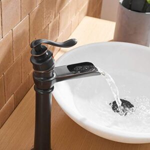 BWE Vessel Sink Faucet Waterfall Singe Hole Oil Rubbed Bronze Black Bathroom Sink Faucet Handle with Pop Up Drain Assembly Stopper Without Overflow Supply Line Lavatory Tall Rustic Bath Basin Vanity