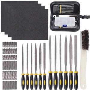 glarks 18pcs assorted wood rasp set include 12pcs mini hand metal files, a brush and storage box with 4pcs sandpaper for fixing jewelers diamond wood carving craft