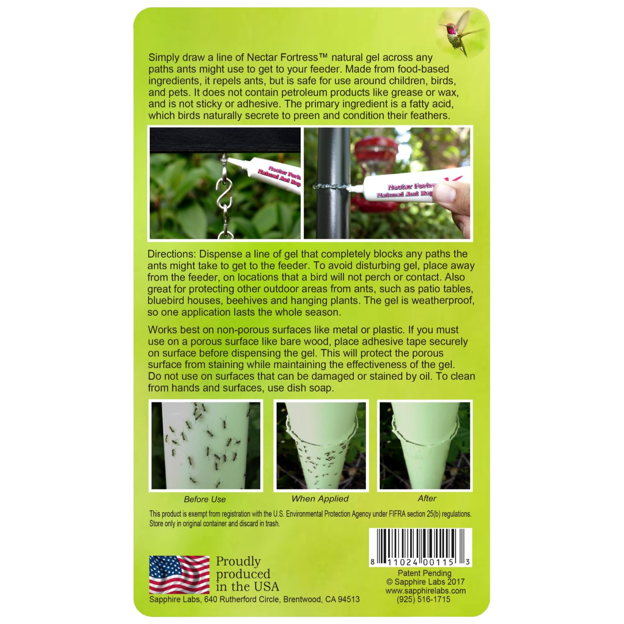 Sapphire Labs Nectar Fortress Natural Ant Repellent; Multi-Purpose Clear Gel Ant Guard for Hummingbird Feeders (Twin)