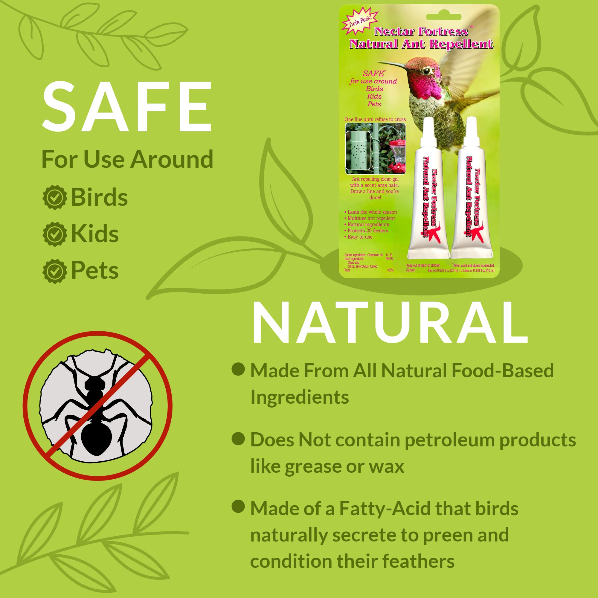 Sapphire Labs Nectar Fortress Natural Ant Repellent; Multi-Purpose Clear Gel Ant Guard for Hummingbird Feeders (Twin)