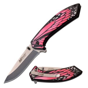 mtech usa – spring assisted folding knife – mirror polished blade, stainless steel handle w/pink butterfly design, pocket clip, hunting, camping, survival, tactical, edc – mt-a1005pk