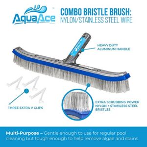 AquaAce Premium Combo Nylon and Stainless Steel Wire Bristle Pool Brush, Mixed Bristles for Extra Scrubbing Power, Three Extra V Clips, Not for Above Ground or Vinyl Pools