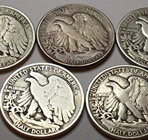 Count of 5 - Walking Liberty Half Dollar 5 Different Dates XF/VF 90% Silver Fine to Extra Fine