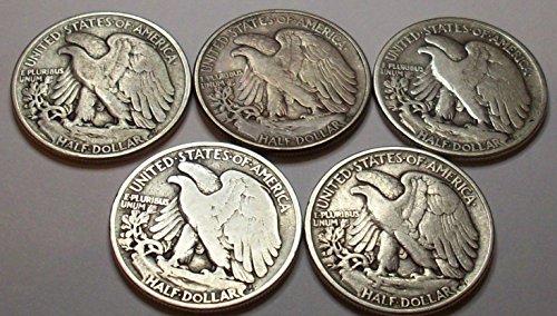 Count of 5 - Walking Liberty Half Dollar 5 Different Dates XF/VF 90% Silver Fine to Extra Fine