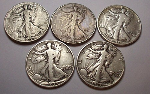 Count of 5 - Walking Liberty Half Dollar 5 Different Dates XF/VF 90% Silver Fine to Extra Fine