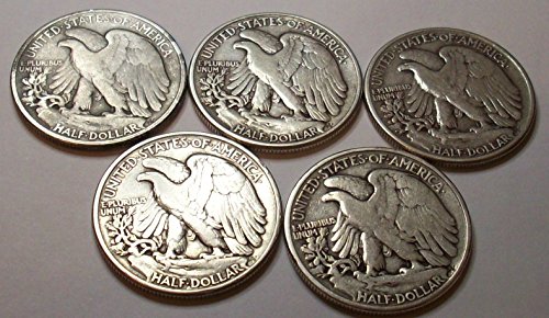 Count of 5 - Walking Liberty Half Dollar 5 Different Dates XF/VF 90% Silver Fine to Extra Fine