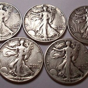 Count of 5 - Walking Liberty Half Dollar 5 Different Dates XF/VF 90% Silver Fine to Extra Fine