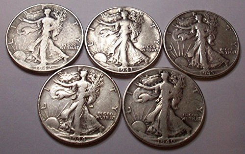 Count of 5 - Walking Liberty Half Dollar 5 Different Dates XF/VF 90% Silver Fine to Extra Fine