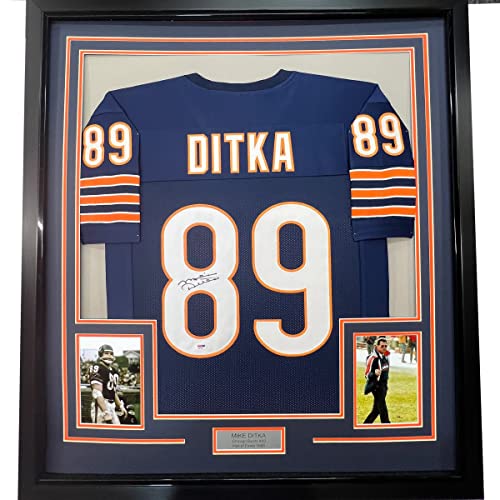 Framed Autographed/Signed Mike Ditka 33x42 Chicago Blue Football Jersey JSA COA