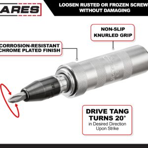 ARES 70606-1/2-Inch Manual Reversible Impact Driver - Flathead 5/16 & 3/8 and Phillips #2 & #3 Bits for Most Common Applications - Disengage Brake Caliper Screws, Rusted Fasteners or Frozen Bolts