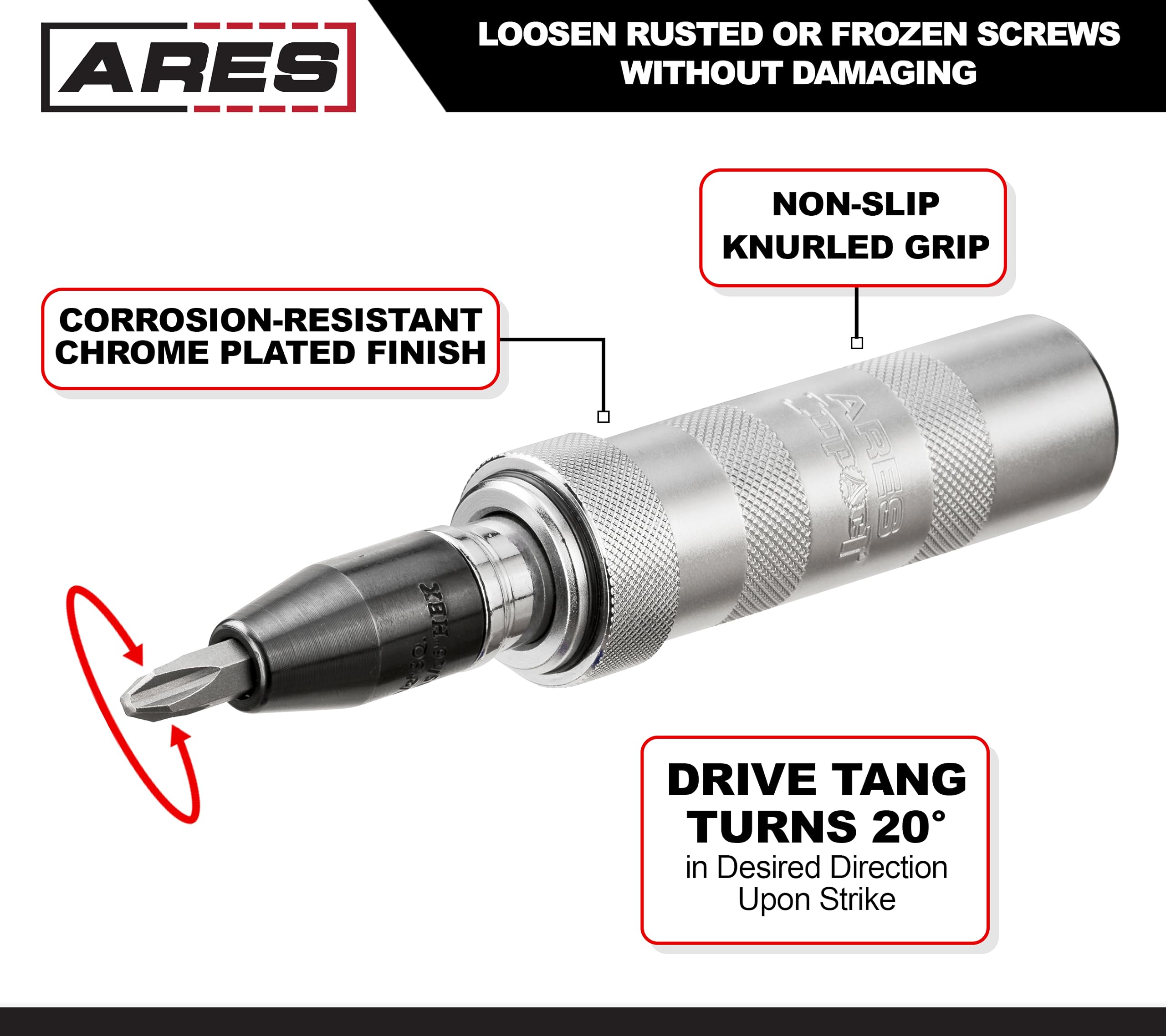 ARES 70606-1/2-Inch Manual Reversible Impact Driver - Flathead 5/16 & 3/8 and Phillips #2 & #3 Bits for Most Common Applications - Disengage Brake Caliper Screws, Rusted Fasteners or Frozen Bolts