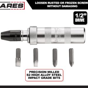 ARES 70606-1/2-Inch Manual Reversible Impact Driver - Flathead 5/16 & 3/8 and Phillips #2 & #3 Bits for Most Common Applications - Disengage Brake Caliper Screws, Rusted Fasteners or Frozen Bolts