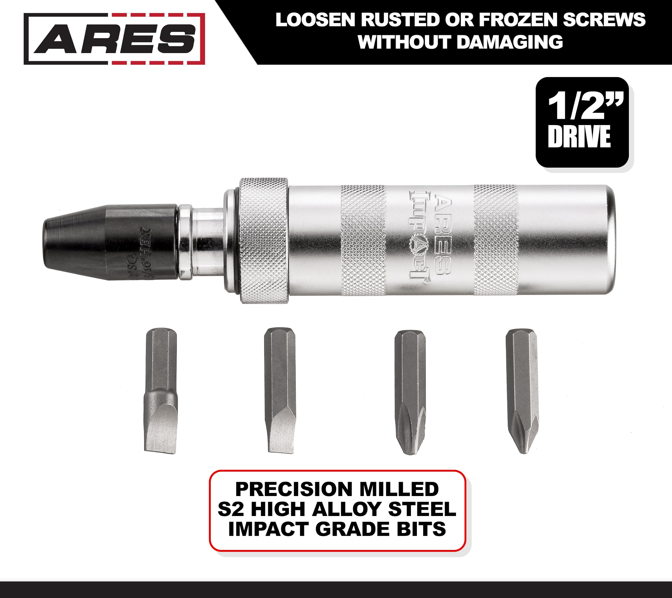 ARES 70606-1/2-Inch Manual Reversible Impact Driver - Flathead 5/16 & 3/8 and Phillips #2 & #3 Bits for Most Common Applications - Disengage Brake Caliper Screws, Rusted Fasteners or Frozen Bolts