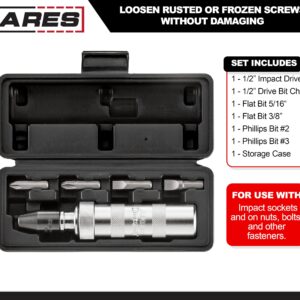 ARES 70606-1/2-Inch Manual Reversible Impact Driver - Flathead 5/16 & 3/8 and Phillips #2 & #3 Bits for Most Common Applications - Disengage Brake Caliper Screws, Rusted Fasteners or Frozen Bolts