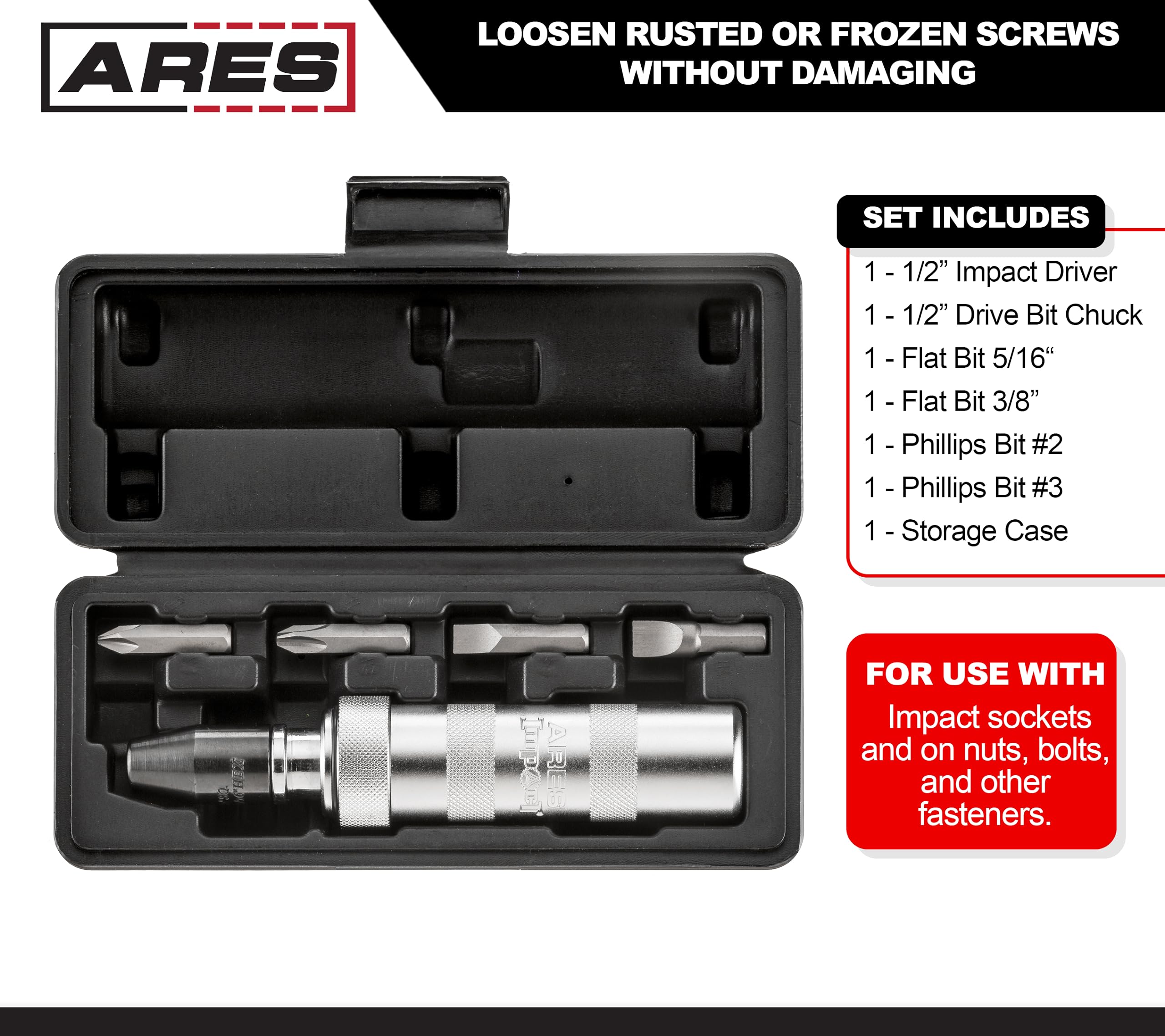 ARES 70606-1/2-Inch Manual Reversible Impact Driver - Flathead 5/16 & 3/8 and Phillips #2 & #3 Bits for Most Common Applications - Disengage Brake Caliper Screws, Rusted Fasteners or Frozen Bolts