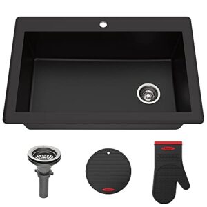 kraus forteza™ 33” dual mount single bowl granite kitchen sink in black, kgd-54black