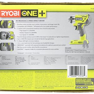 Ryobi P238 18V One+ Brushless 1/4 2,000 Inch Pound, 3,100 RPM Cordless Impact Driver w/ Gripzone Overmold, Belt Clip, and Tri-Beam LED (Power Tool Only, Battery Not Included)