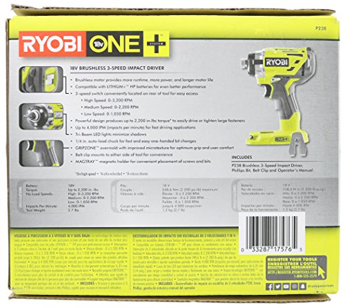 Ryobi P238 18V One+ Brushless 1/4 2,000 Inch Pound, 3,100 RPM Cordless Impact Driver w/ Gripzone Overmold, Belt Clip, and Tri-Beam LED (Power Tool Only, Battery Not Included)