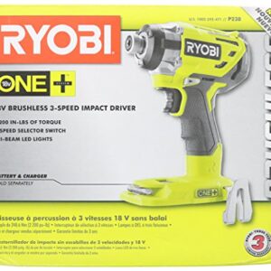 Ryobi P238 18V One+ Brushless 1/4 2,000 Inch Pound, 3,100 RPM Cordless Impact Driver w/ Gripzone Overmold, Belt Clip, and Tri-Beam LED (Power Tool Only, Battery Not Included)