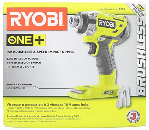 Ryobi P238 18V One+ Brushless 1/4 2,000 Inch Pound, 3,100 RPM Cordless Impact Driver w/ Gripzone Overmold, Belt Clip, and Tri-Beam LED (Power Tool Only, Battery Not Included)