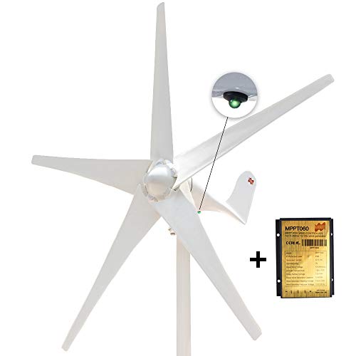 Marsrock 400W 12V AC 5 Blades Small Wind Turbine Generator with Charging Indicator Windmill MPPT Controller for Wind and Solar Hybrid Light Monitor Systems 2m/s Low Start Wind Speed(5S-400H-12W)