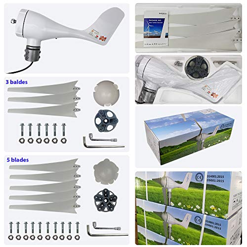 Marsrock 400W 12V AC 5 Blades Small Wind Turbine Generator with Charging Indicator Windmill MPPT Controller for Wind and Solar Hybrid Light Monitor Systems 2m/s Low Start Wind Speed(5S-400H-12W)