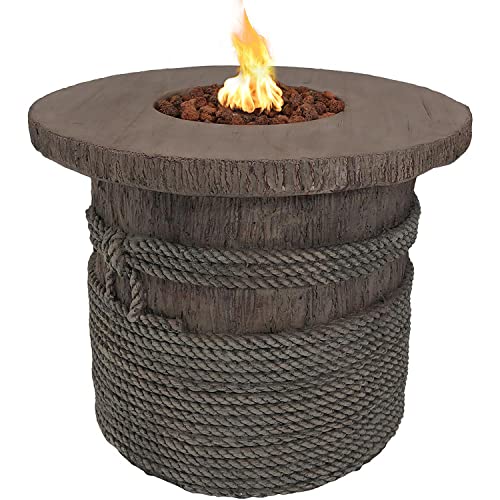 Sunnydaze 29-Inch Rope and Barrel Design Propane Gas Fire Pit Table with Lava Rocks - Includes Weather-Resistant Cover