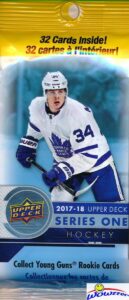 2017/18 upper deck series 1 nhl hockey huge factory sealed jumbo fat pack with 32 cards! look for young gun rookie cards of nico hischier, charlie mcavoy, brock boeser, kailer yamamoto & many more!