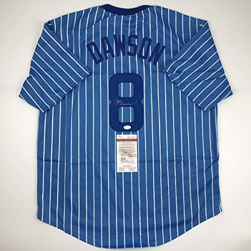 Autographed/Signed Andre Dawson Chicago Blue Pinstripe Baseball Jersey JSA COA