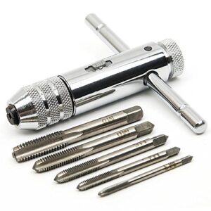 qisf adjustable silver t-handle ratchet tap holder wrench with 5pcs m3-m8 3mm-8mm machine screw thread metric plug t-shaped tap