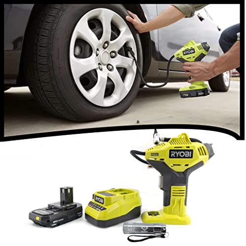 Ryobi P737D 18-Volt One+ Tire Inflator Bundle with Battery, Charger and Buho Flashlight