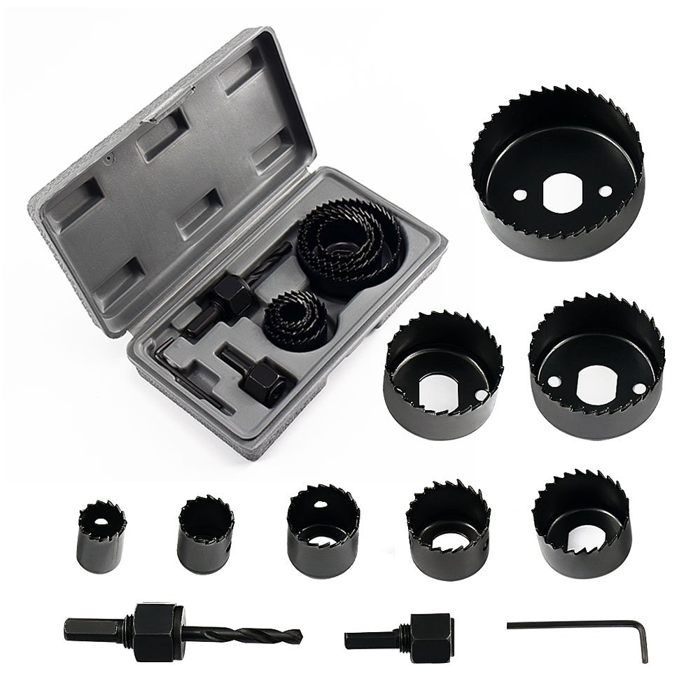 Locisne Hole Saw Set 11 Pieces 3/4" - 2-1/2" Hole Saw Kit with Hex Key and Mandrels for Wood, PVC Board, Plastic Plate Drilling